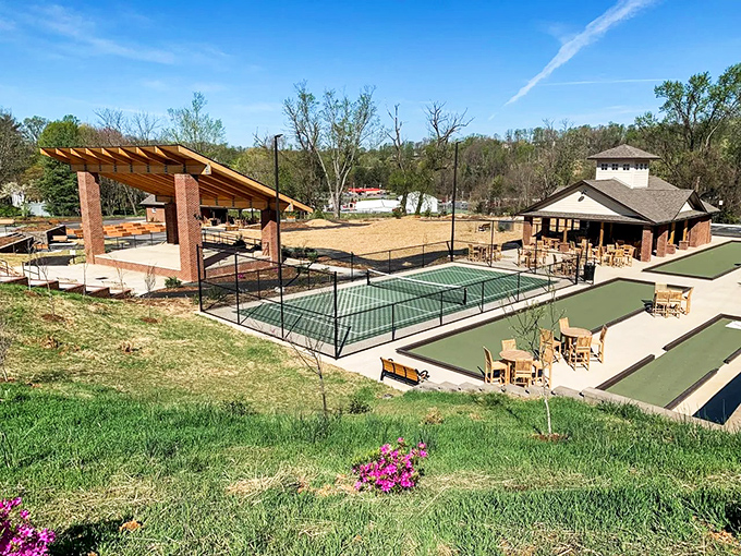 Modern amenities meet small-town charm at Jonesborough's outdoor recreation area, where bocce courts and pavilions invite community gatherings year-round.
