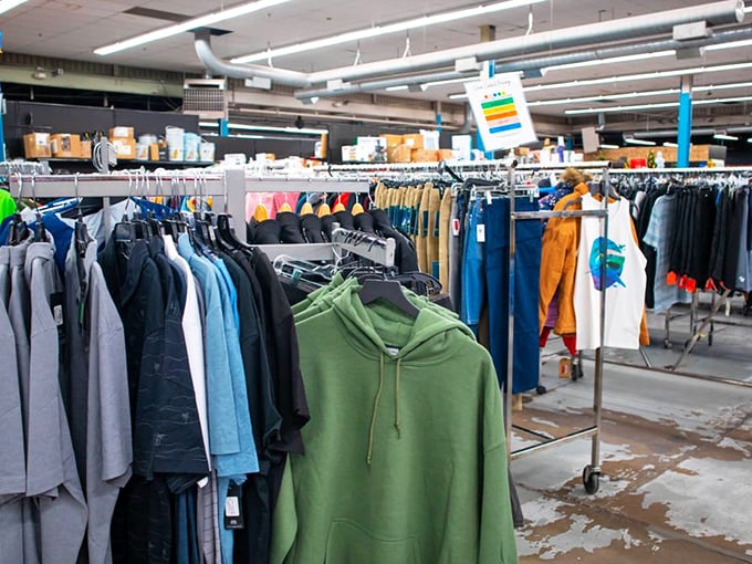 The clothing department resembles a fashionista's dream garage sale, where that green hoodie might just be the designer piece you've been hunting for.