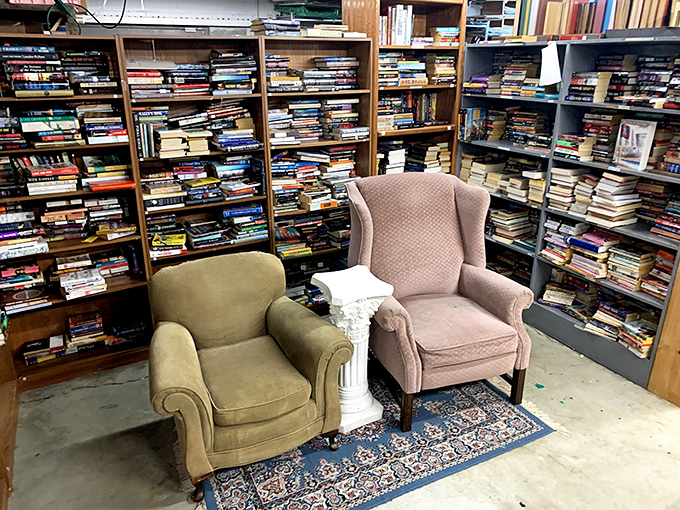 Two well-worn armchairs await, positioned like thrones for reading royalty. The carpet has absorbed decades of literary daydreams.