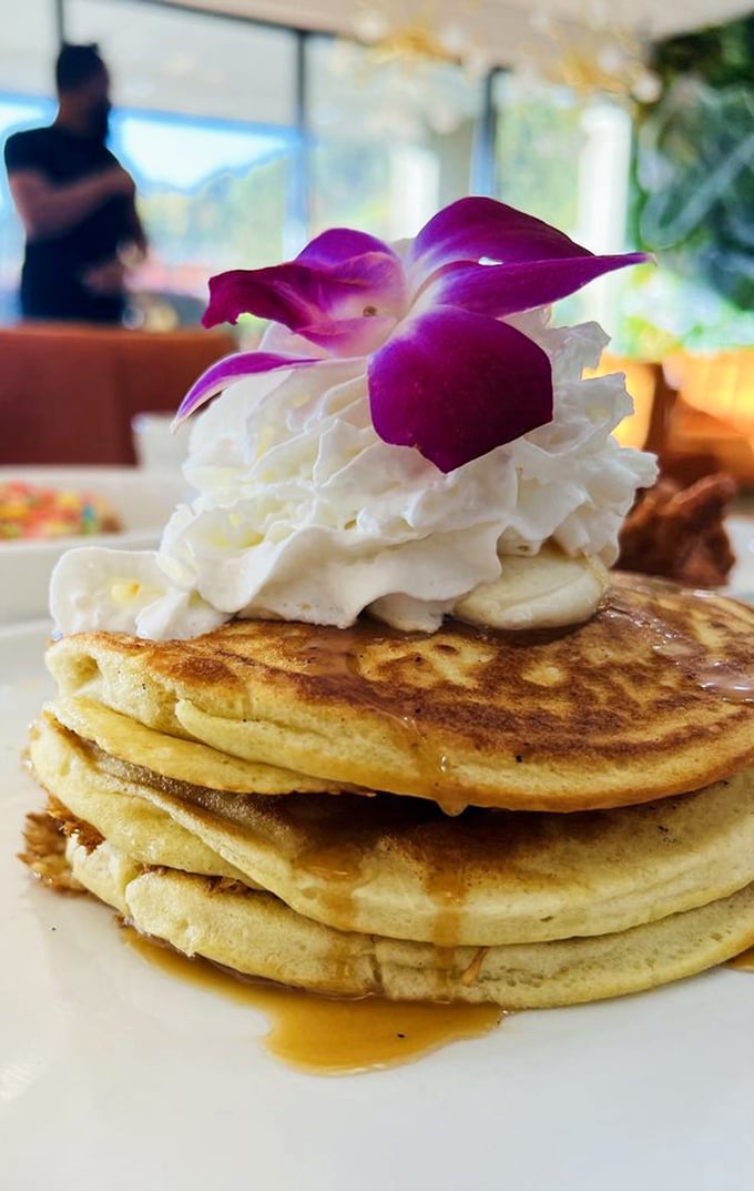 These pancakes aren't just breakfast&mdash;they're an edible pillow of joy topped with whipped cream and a flower that's dressed better than most wedding guests.