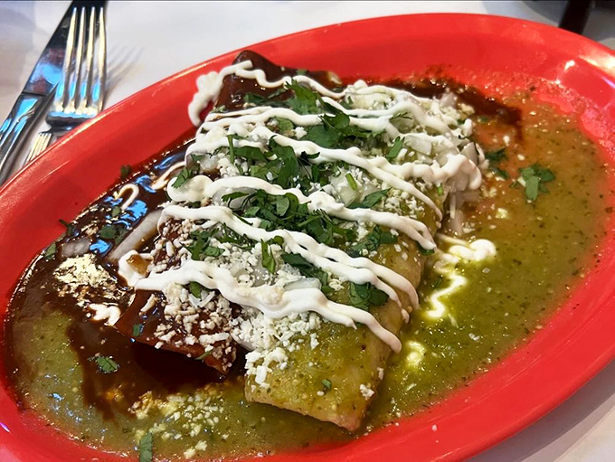 These enchiladas swimming in vibrant green sauce aren't just food&mdash;they're edible art. The zigzag of crema is like the chef's signature on a masterpiece.