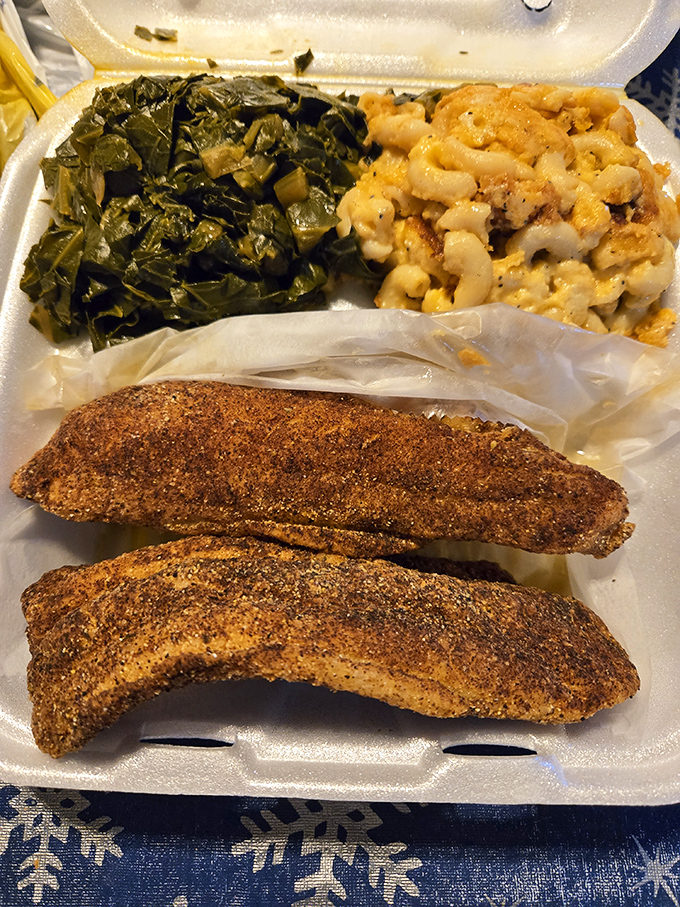 Seasoned catfish that shatters with each bite, alongside collard greens and mac and cheese that would make your grandmother jealous.