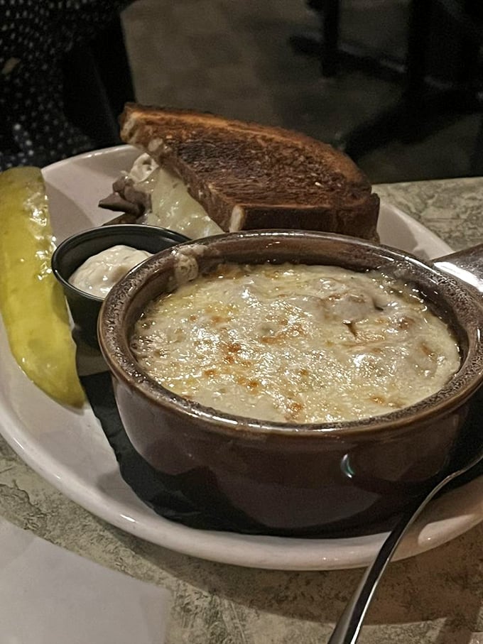 That moment when cheese meets broth in perfect harmony. The Old Mohawk's French onion soup isn't just a dish&mdash;it's a religious experience.