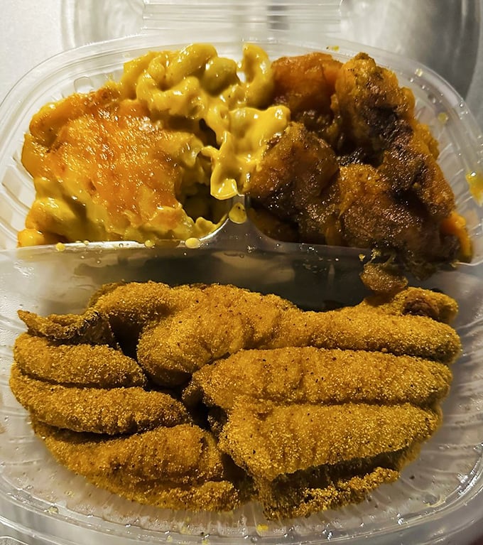Golden-fried catfish that shatters with each bite, nestled alongside mac and cheese that's practically begging to be your new comfort food obsession.