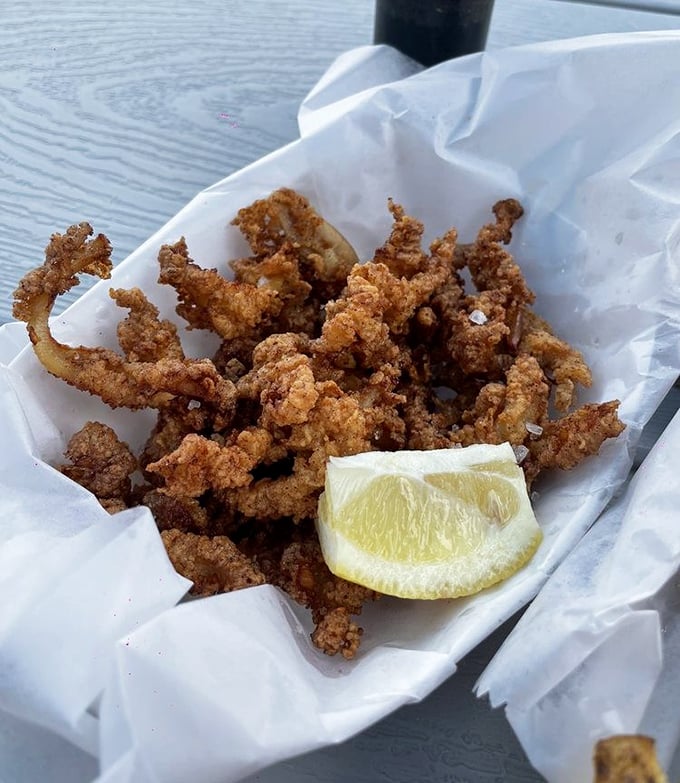Golden-brown fried clams nestled on paper with a lemon wedge standing by. The perfect crunch-to-tenderness ratio that makes taste buds stand at attention.