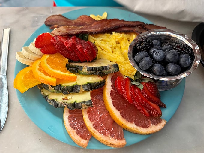 Breakfast fruit platters often feel like an afterthought, but this vibrant arrangement proves Blue Moon Too treats even the healthy stuff like main event material.