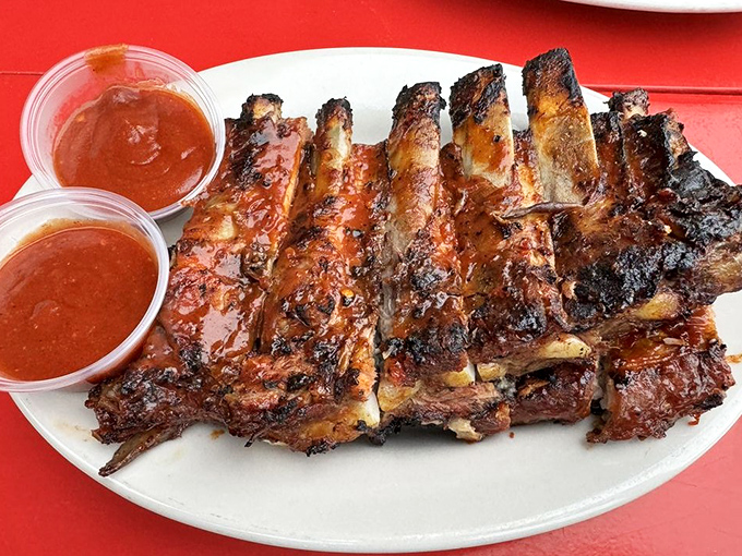 Behold the full slab in all its glory—charred edges, glistening sauce, and enough meat to make a vegetarian question their life choices.