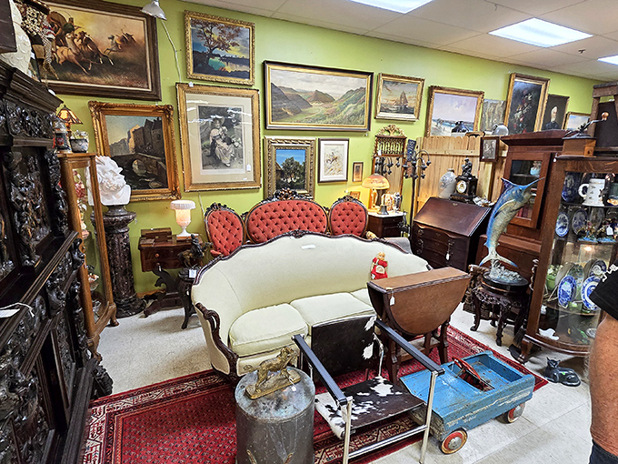 A living room frozen in time, where every piece tells a story and that Victorian settee is practically begging for your life story.