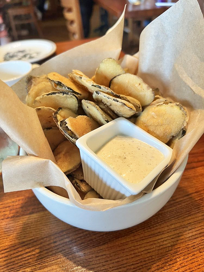 These aren't your average pickle chips. Crispy, garlicky, with a dip that makes you wonder why all vegetables don't dress up this fancy.
