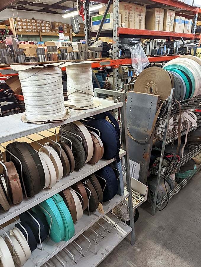 A rainbow of webbing and straps awaits crafters and fixers alike. Like a textile candy store for the practically minded.