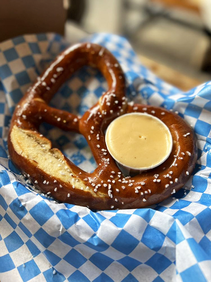 A perfect pretzel partnership: that glistening, salt-flecked beauty paired with creamy cheese sauce. It's a relationship counselors should study for its harmony. 