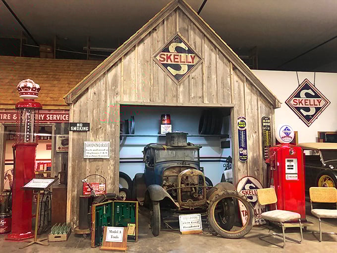 The Skelly service station recreation captures the essence of roadside Americana, complete with vintage gas pumps and period-correct signage.