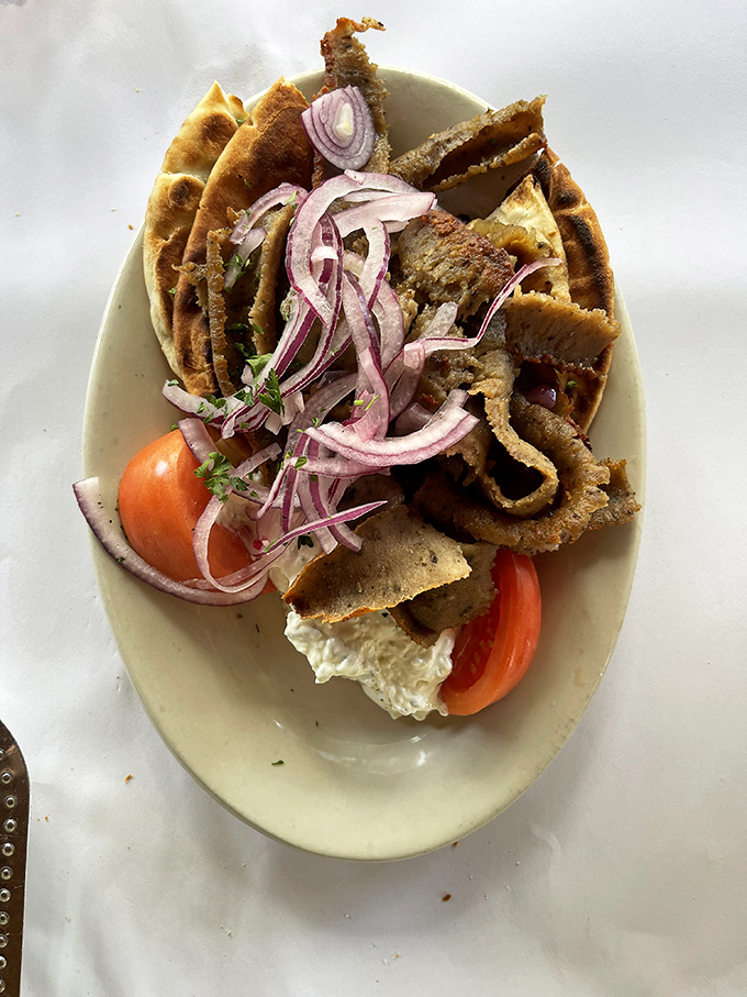 Gyro perfection: Crispy-edged meat, bright red onions, and a dollop of tzatziki. This isn't just lunch; it's an Odyssey for your mouth.