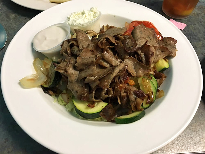 This isn't just a gyro bowl&mdash;it's a mountain of perfectly seasoned meat atop fresh vegetables with tzatziki standing by for creamy reinforcement.