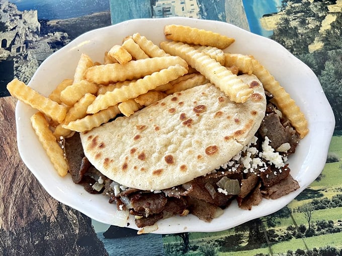 A gyro melt that doesn't mess around—seasoned meat, melty cheese, and crispy fries that'll make you forget about boring old sandwiches forever.