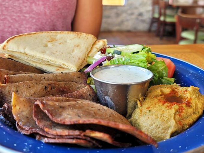 This isn't just a gyro platter—it's a Mediterranean vacation on a blue plate, where each component deserves its own moment of appreciation.