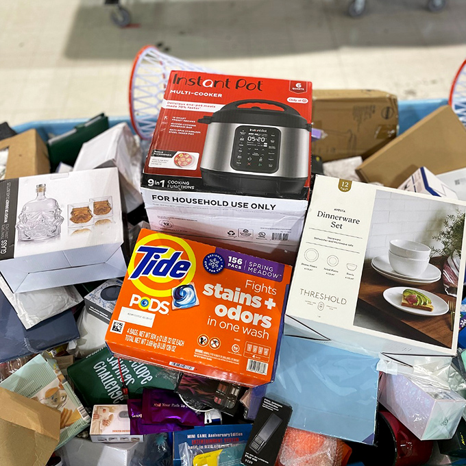 Instant Pot, Tide Pods, and fancy dinnerware living together in perfect harmony. It's the retail version of "The Odd Couple."