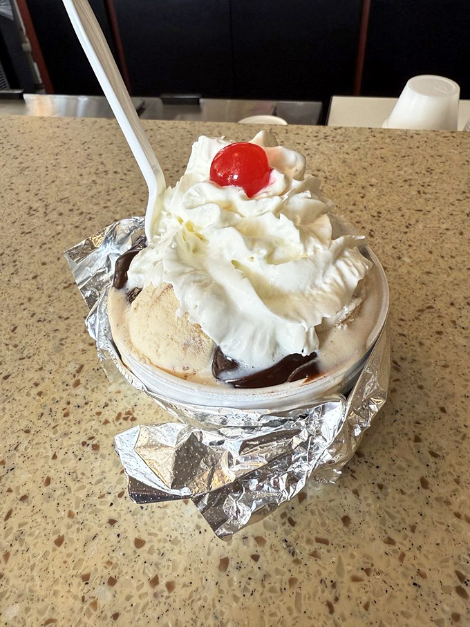 A proper hot fudge sundae requires structural engineering skills. Note how the whipped cream creates a perfect landing pad for that ruby-red cherry.