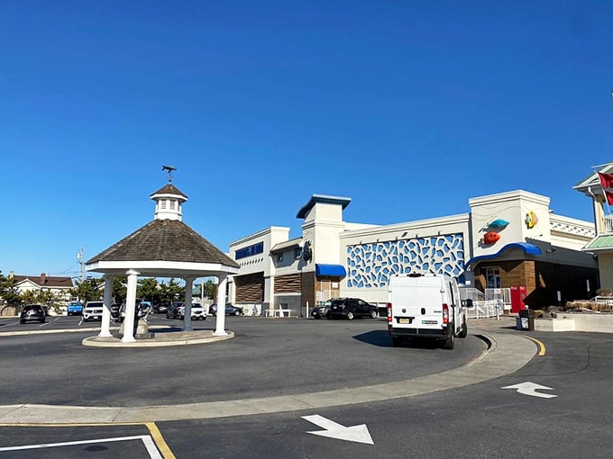 Jenkinson's Aquarium entrance welcomes visitors with a touch of coastal elegance. Who needs expensive theme parks when marine education comes with ocean views?