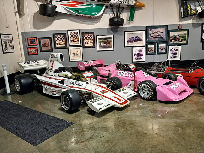 Racing history in pink and white! These open-wheel racers remind us of a time when drivers had nerves of steel and helmets of... well, not much.