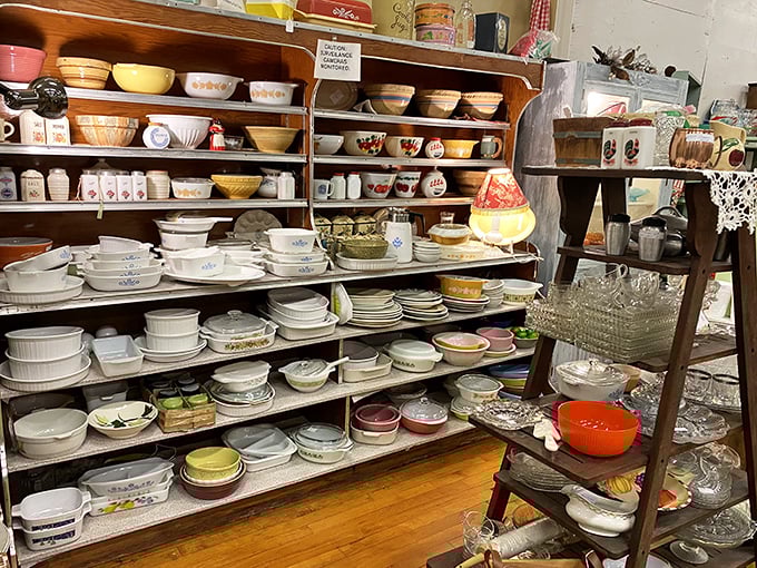 Pyrex paradise! Vintage kitchenware in every color imaginable stands ready to bring retro charm back to modern cooking adventures.