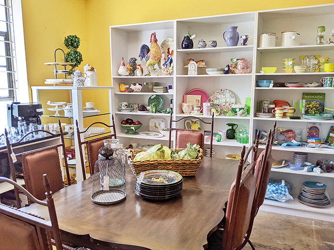 Rooster collections and vintage dishware that would make your grandmother swoon. These shelves tell culinary stories spanning decades of Maryland dinner parties.