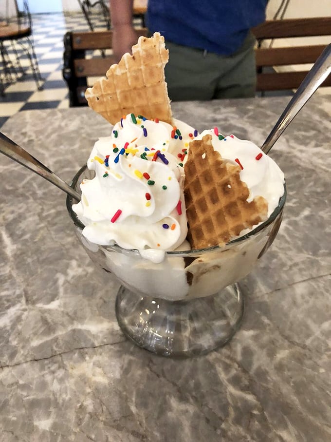 This isn't just vanilla ice cream&mdash;it's a celebration with sprinkles and waffle triangles standing at attention like party flags.