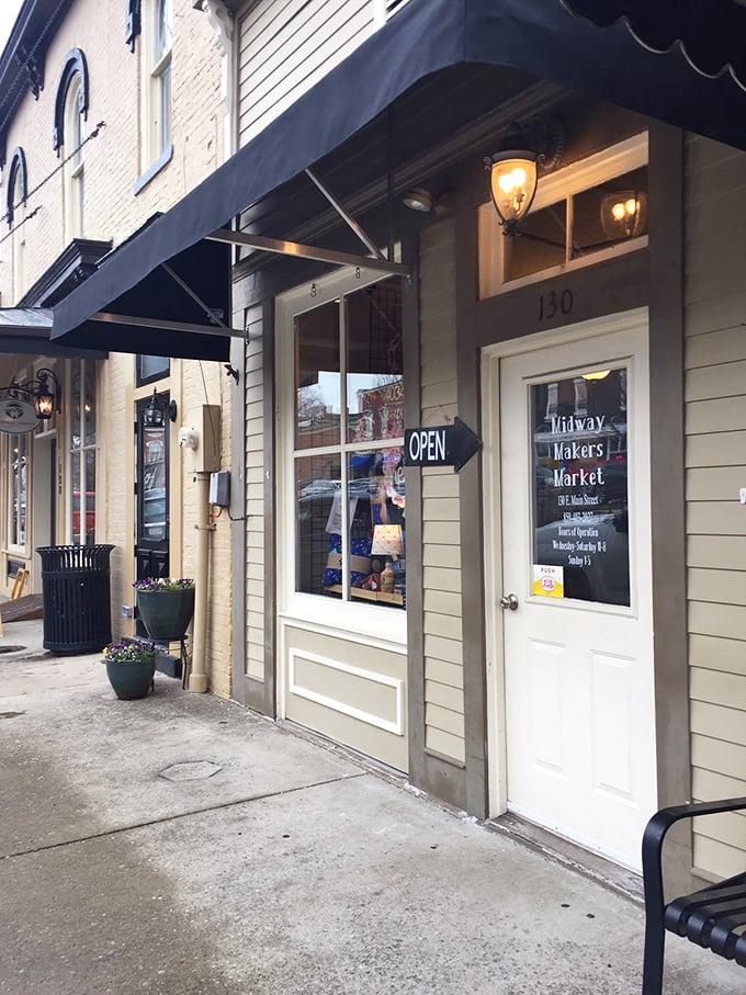 Open signs are always the most beautiful artwork in small towns. The Midway Makers Market promises local treasures behind that welcoming white door.