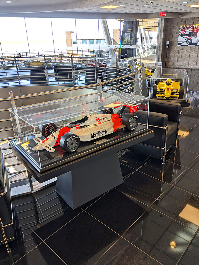 Engineering marvels under glass. This Marlboro-sponsored race car reminds us of an era when cigarette logos were as common on tracks as checkered flags.