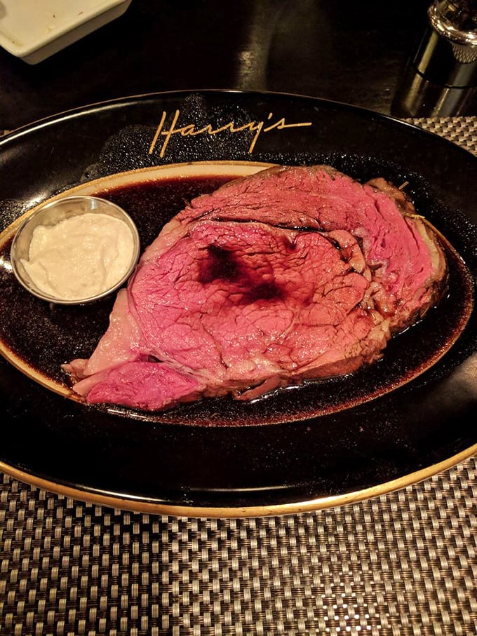 Behold the star of the show: Harry's prime rib, pink as a sunset, tender as a love letter, served with a side of "where have you been all my life?"