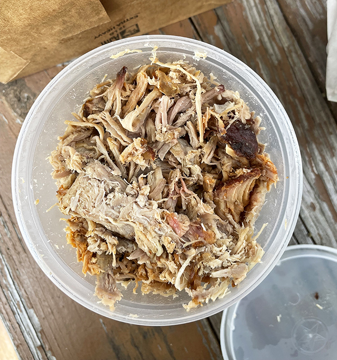 Behold the star of the show: hickory-smoked, hand-chopped pork. Notice those darker bits? That's the "outside brown"&mdash;the barbecue equivalent of striking gold.