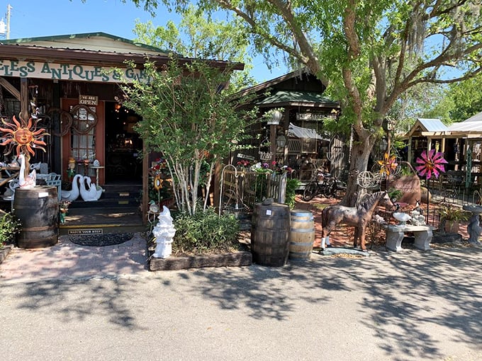 Behind these rustic wooden doors lies Mount Dora Marketplace, where flowers spill onto sidewalks and barrel stools invite you to rest shopping-weary feet.