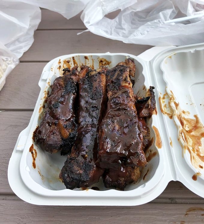 These ribs aren't just falling off the bone—they're practically volunteering to jump into your mouth with their glistening, sauce-lacquered perfection.