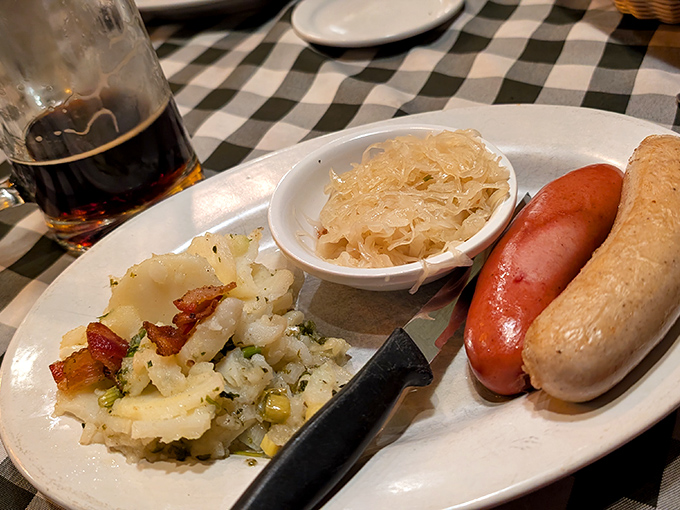 These sausages aren't just having a good day &ndash; they're having the wurst day ever! Paired with that legendary potato salad, this plate is Deutschland on a dish.