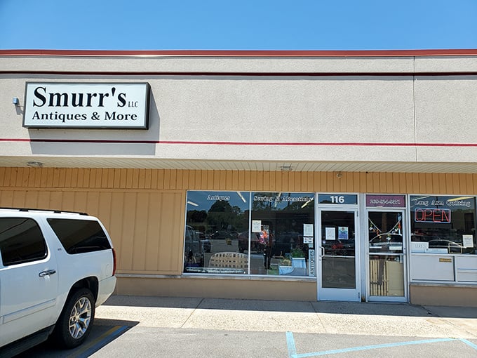 At Smurr's Antiques, even the building looks like it's reminiscing about simpler times when people actually wrote letters and saved ticket stubs. 