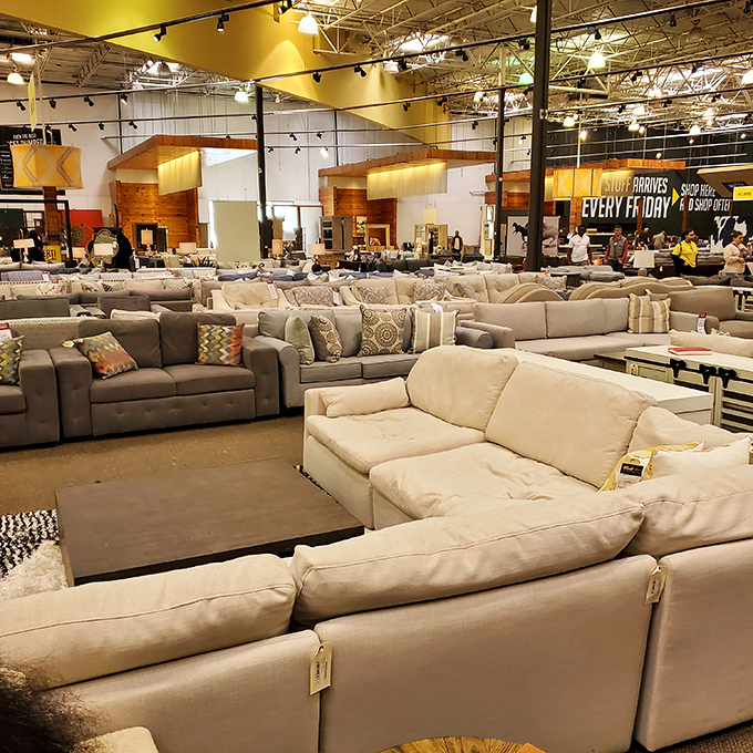 Sectionals as far as the eye can see! Like a buffet of comfort where you can sample every seat before committing to your perfect match.