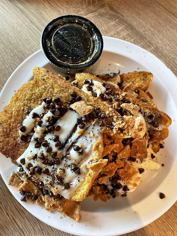 Chocolate chip French toast that makes you question every breakfast decision you've ever made. Your childhood self is slow-clapping right now.