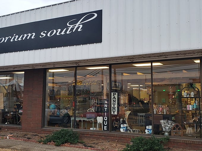 The Emporium South stands ready to welcome antique enthusiasts, its windows offering tantalizing glimpses of treasures within.