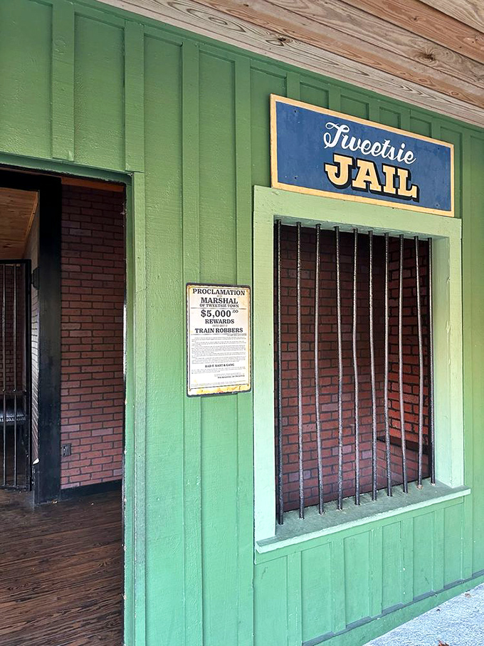 The Tweetsie Jail stands ready for photo ops and pretend outlaws, complete with wanted posters that make even the tamest tourist feel like Billy the Kid.