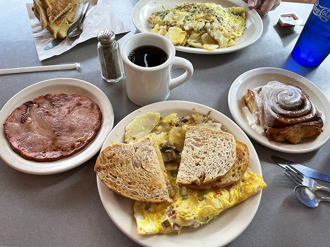 This Greek omelet isn't just breakfast&mdash;it's edible architecture. Feta cheese crumbles like ancient ruins atop a foundation of perfectly cooked eggs and toast.