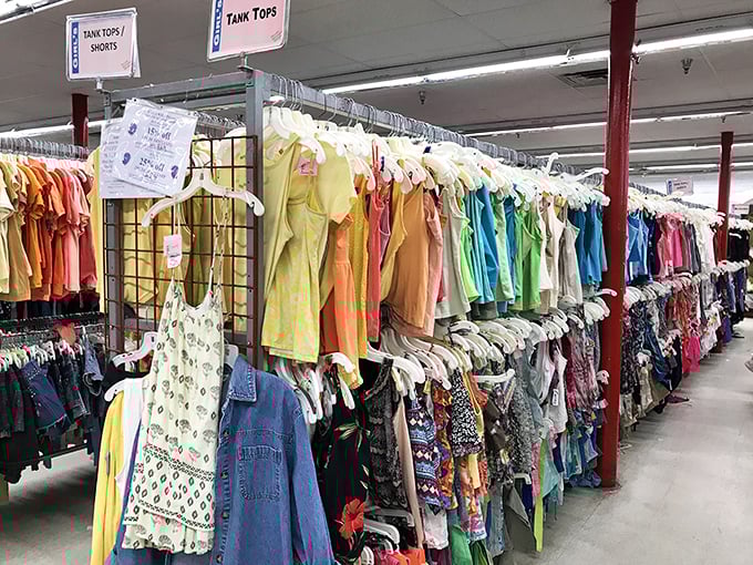 The women's section organized in a rainbow gradient that would make Marie Kondo weep with joy and color theory professors nod in approval.