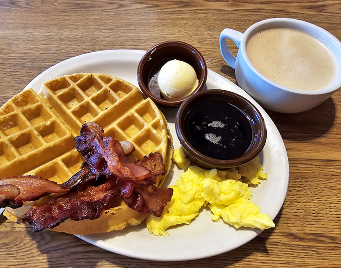 Breakfast nirvana: golden waffles, perfectly scrambled eggs, and bacon that actually tastes like bacon&mdash;not those flimsy strips that disappear when you look at them.