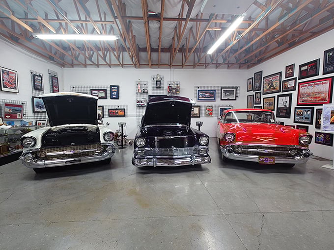 Three showstoppers with their hoods up, revealing the mechanical hearts that made America move. Wall-to-wall memorabilia creates the perfect backdrop.