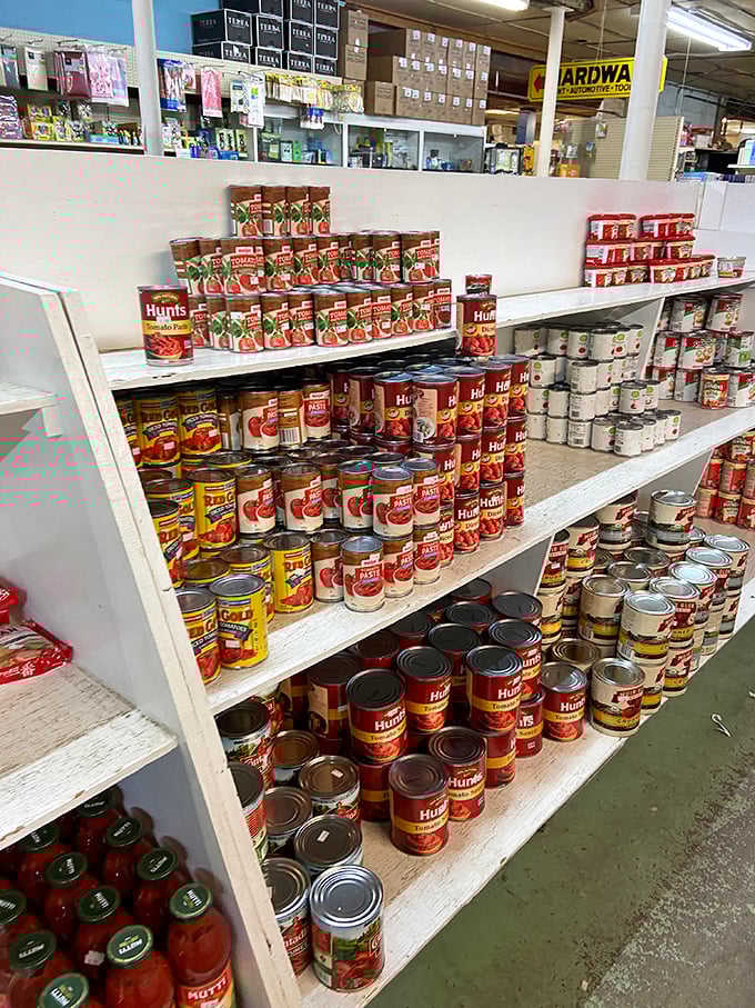 Shelves lined with Hunt's tomatoes and other pantry staples make stocking up both affordable and satisfying.