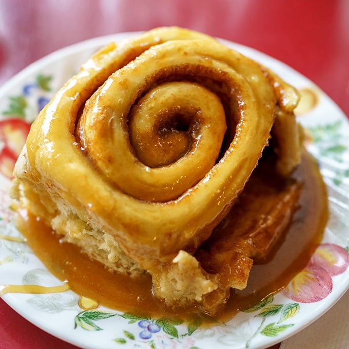 The hero of our story in its natural habitat: a cinnamon roll so perfectly spiraled it could hypnotize you into ordering seconds.