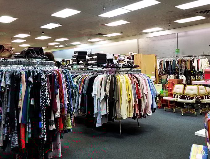 The clothing section unfolds like a fabric rainbow. Each garment waits patiently for its second chance at making someone feel fabulous without breaking the bank.