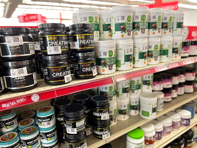 Not just random odds and ends&mdash;Retail Rebel stocks organized sections too. These protein supplements would cost triple elsewhere, making fitness goals suddenly more affordable.