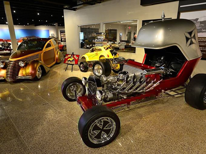 Hot rod heaven! This collection of custom cars showcases America's obsession with making things faster, louder, and more eye-catching than the neighbors' rides.