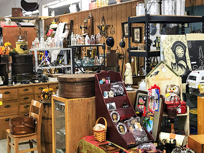 Every booth tells a story: wooden butter churns that predate electricity sitting comfortably next to mid-century kitchen gadgets your mother swore by.
