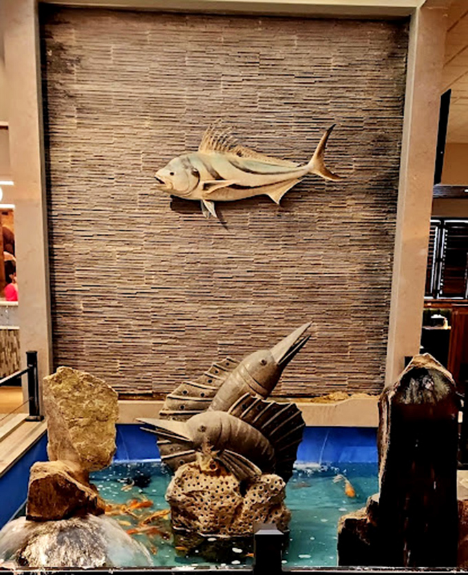 Not just decoration, this elegant fish display suggests a commitment to seafood that goes beyond the frozen fish sticks of your childhood nightmares.